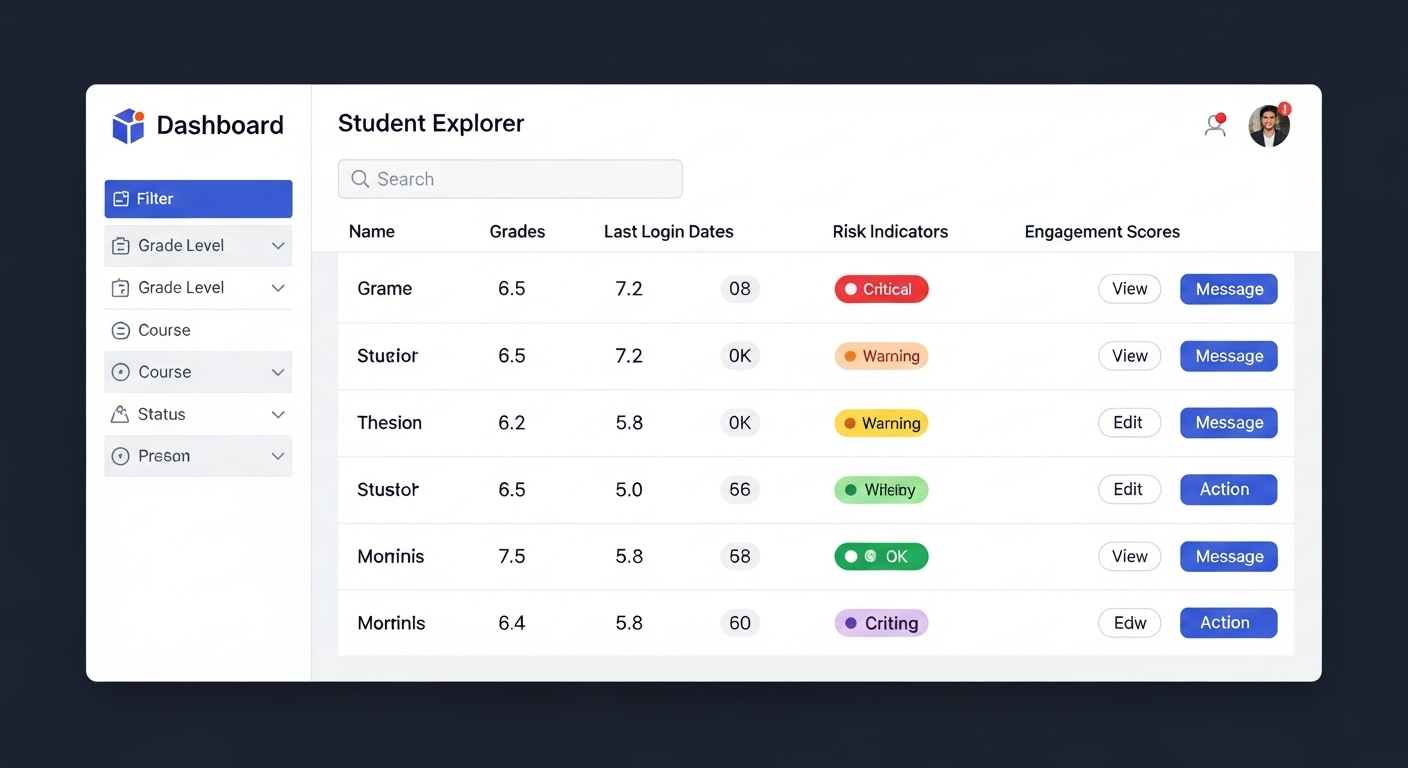 Student Explorer con lista studenti e indicatori di rischio